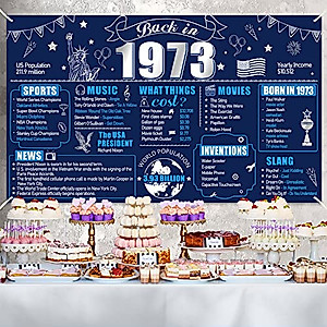 Large Blue Silver 50th Birthday Banner Backdrop Decoration for Men, Navy Blue 50th Birthday Back in 1973 Birthday Banner Party Supplies, Happy 50 Years Old Birthday Photo Background for Indoor Outdoor