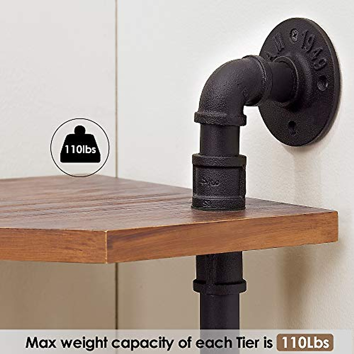 ivinta Industrial Bookcase Corner Shelf, 5 Shelf Wall Mount Pipe Bookshelf Solid Wood Shelves, Corner Standing Bookcase, Metal Display Stand