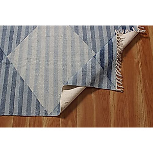 Casavani Hand Block Printed Cotton Dhurrie Striped Blue Tassel Rug Easy Care Washable Rugs for Doormat Entryway Living Room Bedroom Hallway Balcony 2x3 Feet