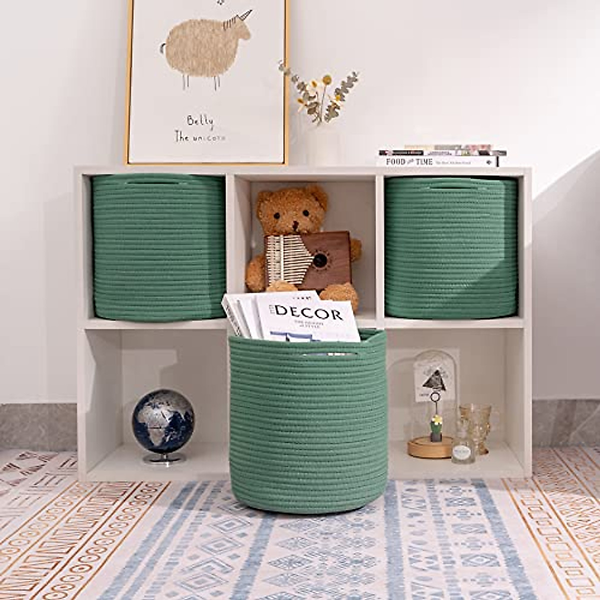 voten Storage Cubes Baskets Bins Organizer 11x11x11'' Fit 12x12''Cube Storage Organizer Bookcases Shelf,Durable Woven Cotton Storage Basket for Organizing,Round 3Pack Green