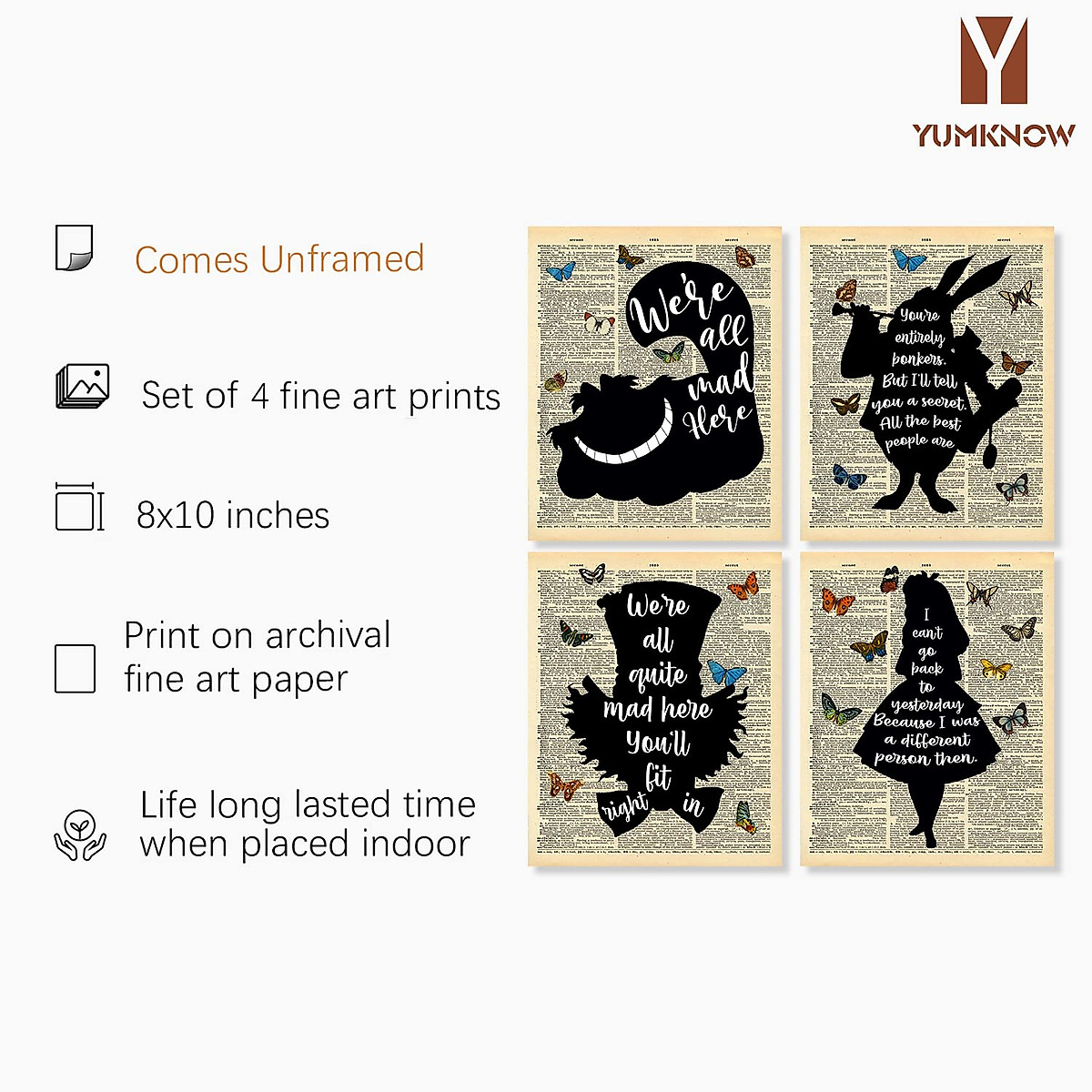 Alice in Wonderland Wall Art Decor - Cheshire Cat Mad Hatter White Rabbit - Alice Inspirational Saying Quote Poster Print - Motivational Wall Art for Alice Fans - Affirmation Gift for Women Teen Girl