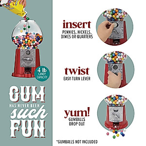 Gumball Machine - 15 Inch Candy Dispenser with Stand for 0.62 Inch Bubble Gumball - Heavy Duty Red Metal with Large Glass Bowl - Easy Twist-Off Refill - Free or Coin Operated - by The Candery
