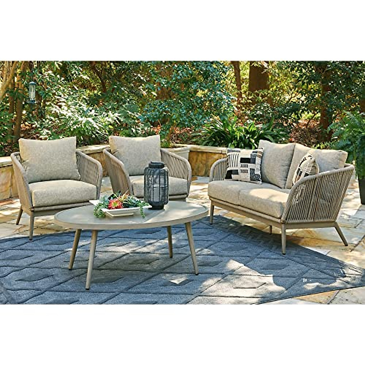 Signature Design by Ashley Swiss Valley Bohemian Outdoor Loveseat with Cushion, Light Brown