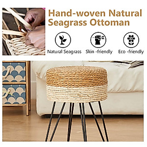 ALeesing Makeup Vanity Stool, Hand Weave Natural Seagrass Footstool Ottoman, Foot Rest Dressing Stool with Metal Leg, Modern Multifunctional Vanity Stools Chair, White