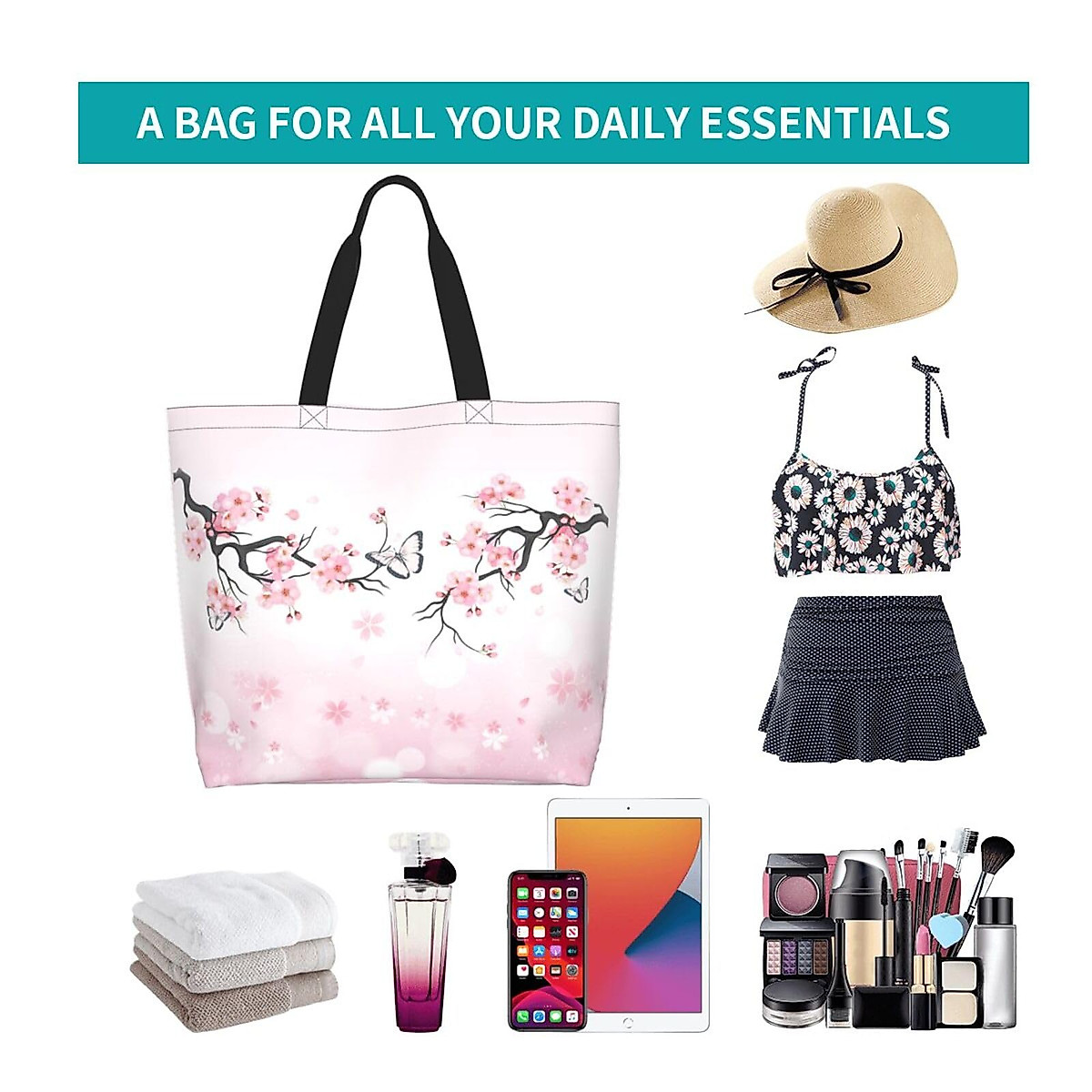 Dixmavly Cherry Blossoms Women'S Tote Bag Beach Bag Waterproof Tote Bag Reusable Shopping Bag Travel Gym Shopping