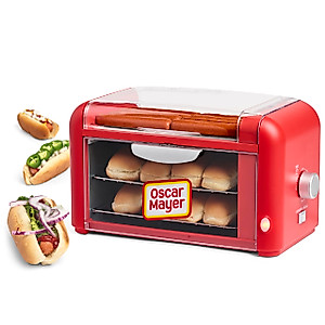 Nostalgia Oscar Mayer Extra Large 8 Hot Dog Roller & Bun Toaster Oven, Stainless Steel Grill Rollers, Non-stick Warming Racks, Perfect for Dogs, Veggie Sausages, Brats, Adjustable Timer, Red