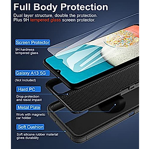 Dahkoiz for Samsung Galaxy A13 5G Phone Case, with Glass Screen Protector, Dust-Proof Port Cover, Magnetic Car Mount Support, Full Body Non-Slip Rubber Covered, Durable & Shockproof, Black/Black