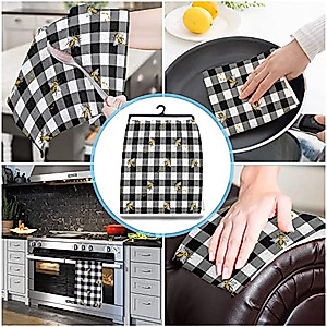 MUSEDAY Kitchen Towels Set Minimalist Black White Buffalo Check Plaid Cute Bee Absorbent Dish Towels Dish Cloths for Drying Kitchen Hand Towels Decorative Tea Towels