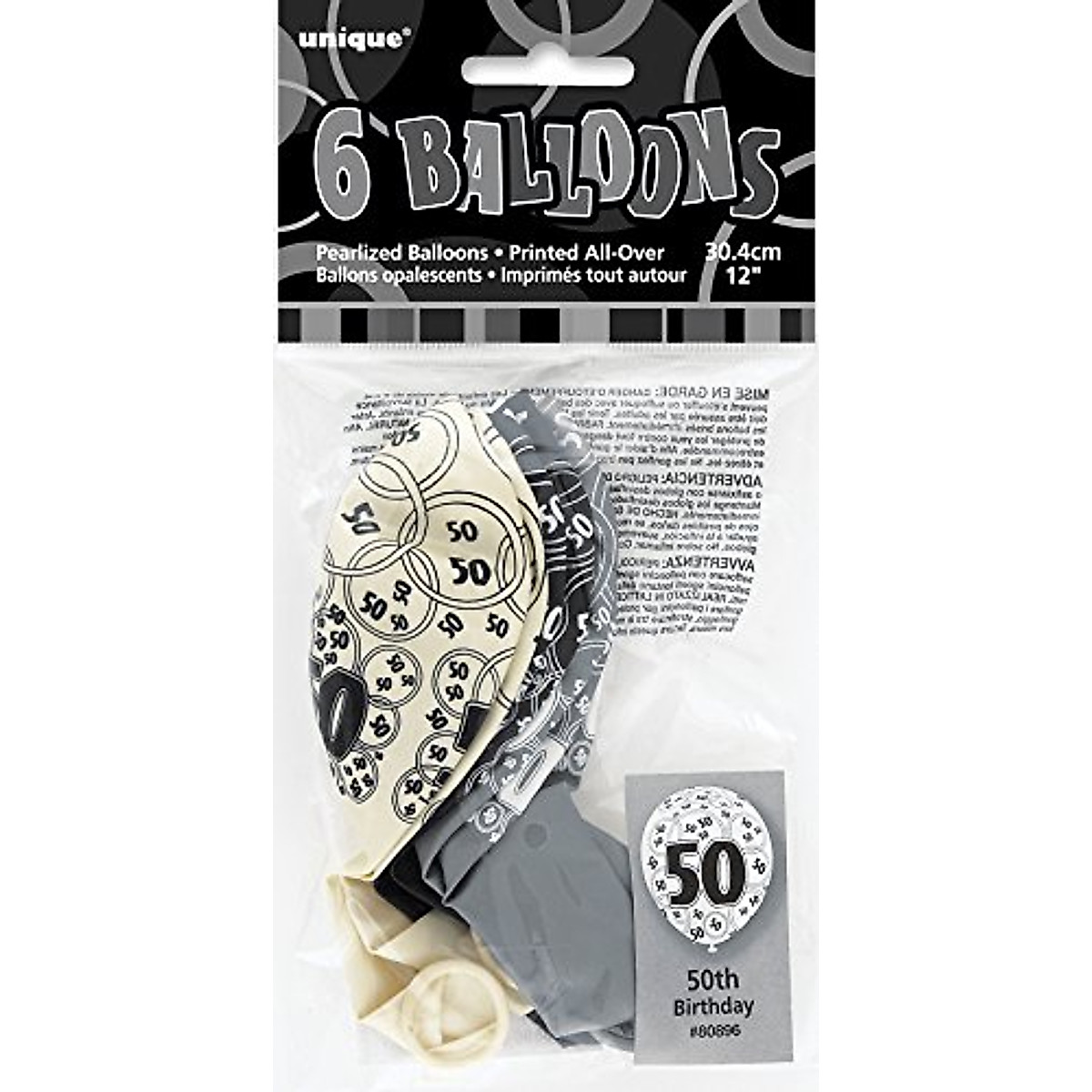 Unique Party 80896-12" Latex Glitz Black and Silver 50th Birthday Balloons, Pack of 6