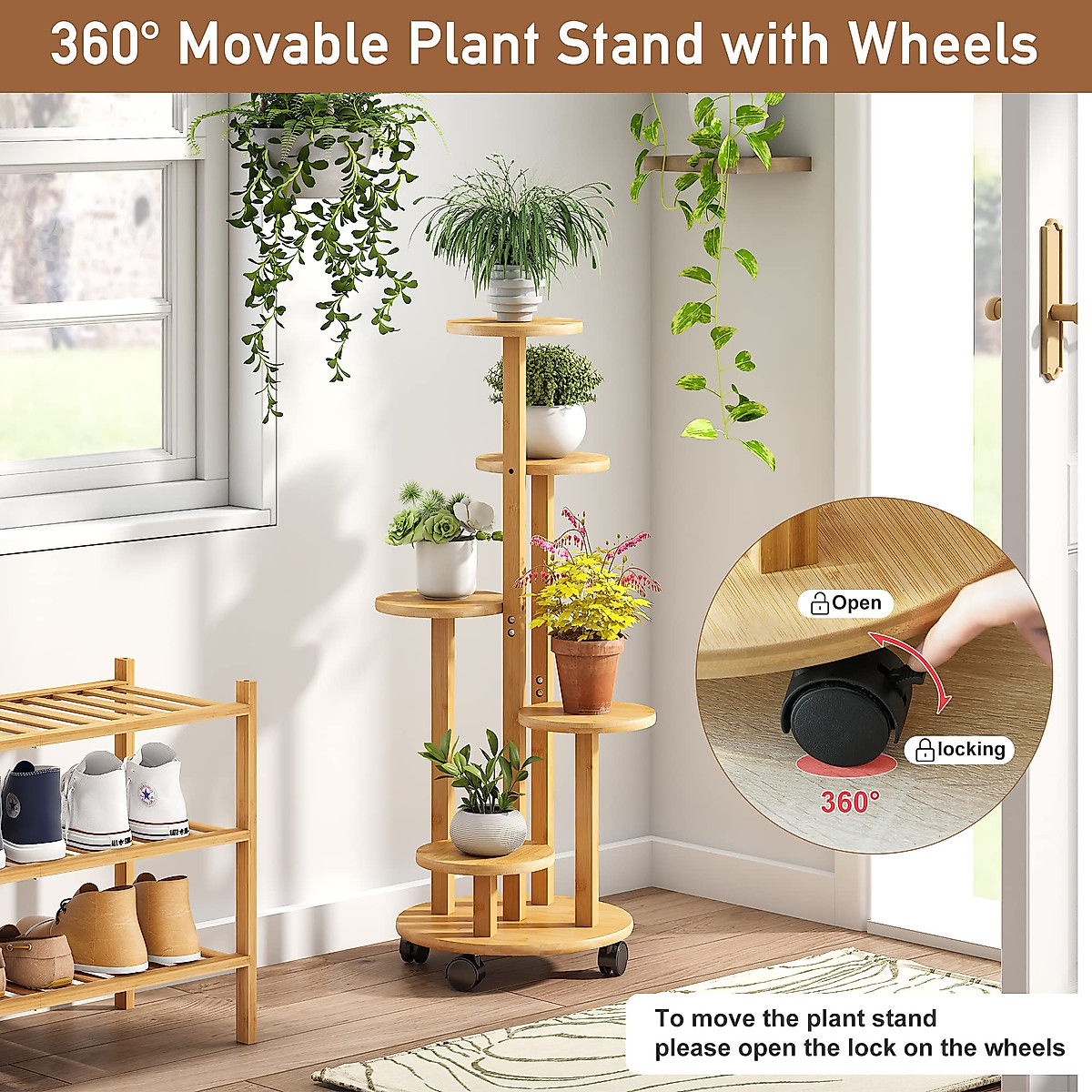 FILWH Plant Stand For Outdoor Indoor Tall Bamboo Movable Flower Stand With Wheels Plant Shelf Pot Holder Plants Corner Display Rack Multiple Planter For Living Room Balcony Garden Patio (Natural)