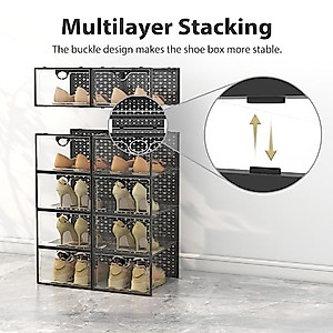 Pinkpum 12 Pack Shoe Storage Boxes, Shoe Organizer for Closet X-Large, Black Clear Plastic Stackable Sneaker Storage Containers Bins with Lids, Clear Shoe Display Case Containers, Fit for Size 11