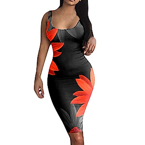 Midi Summer Dresses for Women Women Casual Sexy Round Neck Tank Top Sleeveless Dress Flower Print Casual Dress Red