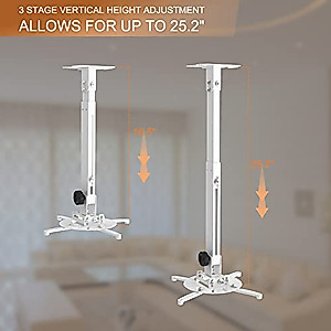 JOY worker Universal Projector Ceiling Mount Wall Bracket Holder Fits Flat or Sloped Ceiling Height Adjustable with Extendable Arms for Home and Office Projector, White