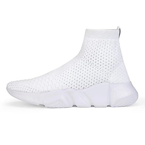 YAVY Girls Sneakers White Walking Shoes Boys High Top Sneakers Breathable Kids Tennis Shoes Lightweight Walking Shoes Slip On Knit Sock Sneakers for Girls Tennis Shoes Size 4.5 White 054-36