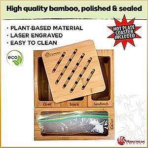 Mainstream Source® Bamboo Zip Bag Organizer Set – Baggie Organizer Set for Snacks and Sandwiches, Holds Quart & Gallon Ziplock Bags, Includes Bamboo Trivet