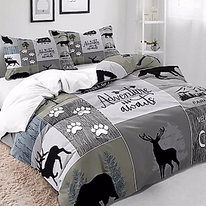 LUVIVIHOME 2PCS Cabin Rustic Bedding, Twin Duvet Cover, Black Bear Deer Elk Owl Forest Animal Wildlife Hunting Lodge Quilt Bedspread Patchwork Comforter Cover, Country Farmhouse Bedding, 1 Pillow Sham