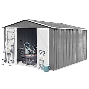 GLANZEND 10x8 FT Outdoor Metal Garden Shed, Galvanized Steel Large Storage Sheds with Lockable Doors, Weatherproof Tool House with Pitched Roof & Punched Vents for Backyard Lawn, Gray + White