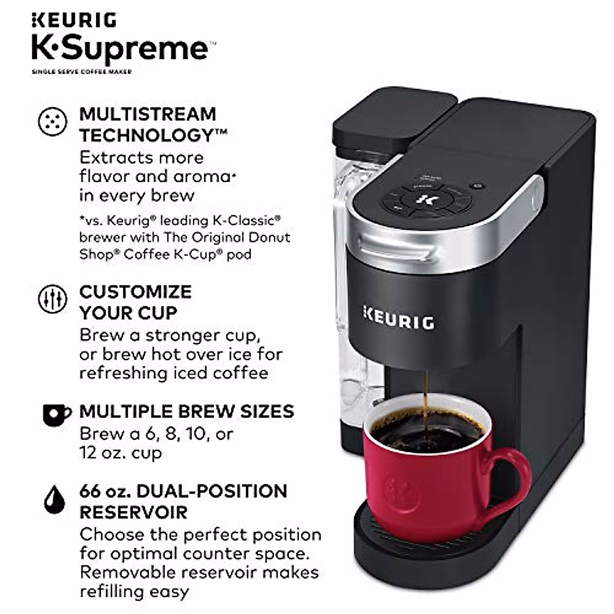Keurig K-Supreme Coffee Maker, Single Serve K-Cup Pod Coffee Brewer, With MultiStream Technology, 66 Oz Dual-Position Reservoir, and Customizable Settings, Black
