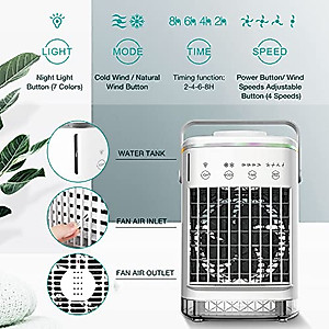 Portable Air Conditioner Fan 4 in1- Desktop Cooling fan with 4 Wind Speed & 2 Spray Modes, 7 Colors LED Light & 2-8H Timer, 700ml Large Watertank High-Efficiency Cooling Fan for Room Office Bedroom Couch Dining Table, Portable USB Power Bank Notebook Powe