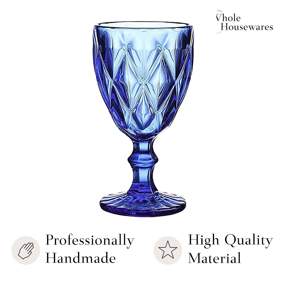 WHOLE HOUSEWARES | Goblet Glass Drinkware Set | Vintage Drinking Cups | 9.5oz Water Goblets Glasses | Set of 6 Colored Glassware for Kitchen | For Wedding or Parties | Cobalt Blue Diamond Pattern
