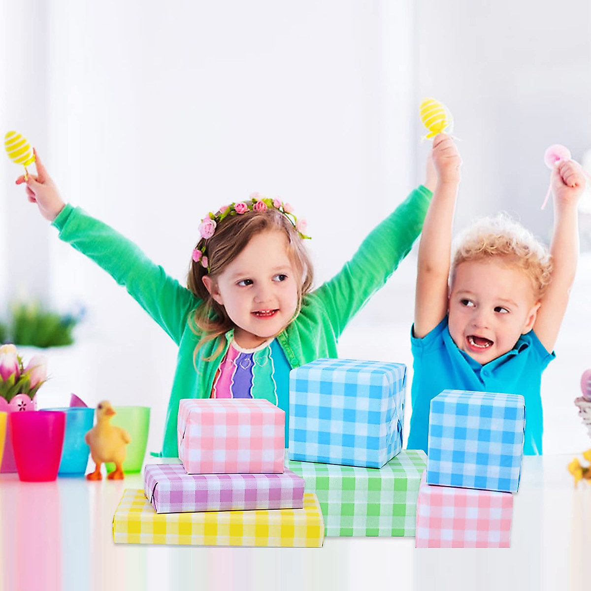 Bolsome 50 Sheets Spring Pastel Tissue Paper Buffalo Plaid Wrapping Paper Pink Yellow Blue Green Purple Gift Tissue Paper for Home DIY Gift Bags Spring Easter Birthday Decoration, 20 x 30inch