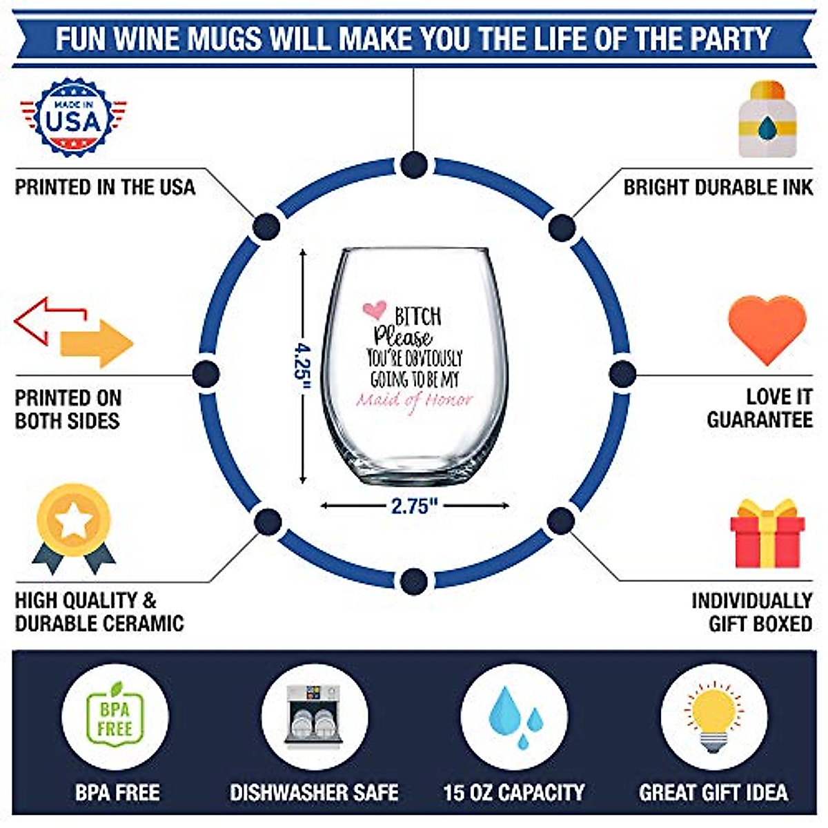 You're Obviously Going To Be My Maid Of Honor Funny Stemless Wine Glass 15oz – Bridesmaid Proposal Gifts for Best Friend or MOH - Perfect Present for Wedding or Bachelorette Party