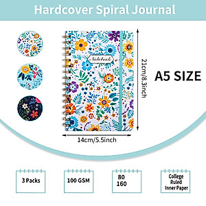 EOOUT 3 Pack Spiral Notebook, Journal for Women, Hardcover Spiral Journal, 6"x 8.5", 160 Pages, Cute Blooming Floral, Back Pocket, 100gsm Paper, for Gifts, Office, School Supplies