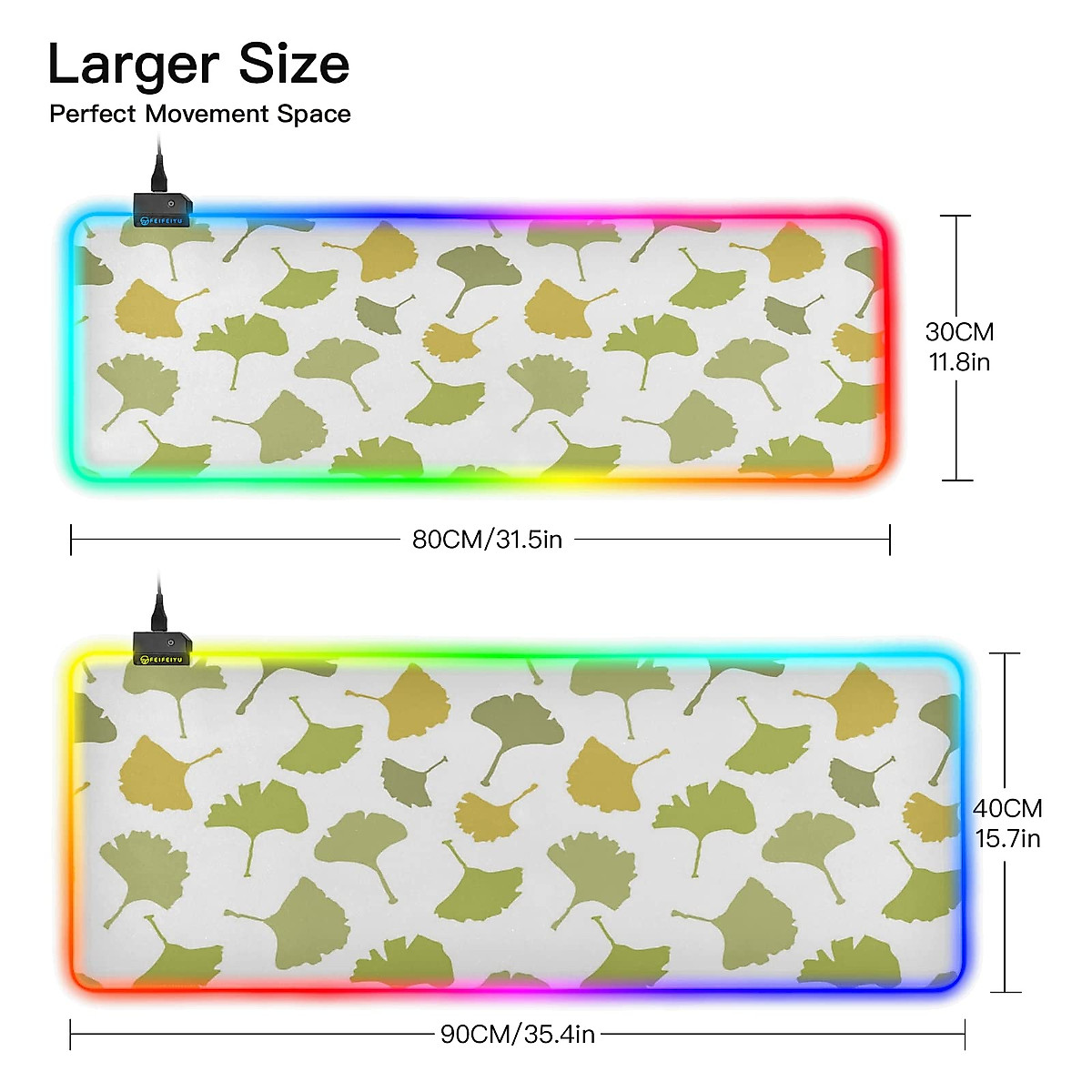 Large RGB Gaming Mouse Pad Ginkgo Biloba Leaf Tablecloth Seamless Pattern Vector Glowing Extended Mousepad 35.4x15.7in, Soft Anti-Slip Rubber Base Luminous Mouse Mat for Pc Laptop, Gaming, Office, Ho