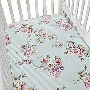 Brandream French Country Fitted Crib Sheet, Hydrangea Rose Floral 100% Organic Cotton Baby Crib Sheet for Standard Crib and Toddler Mattresses (Blue-Green)