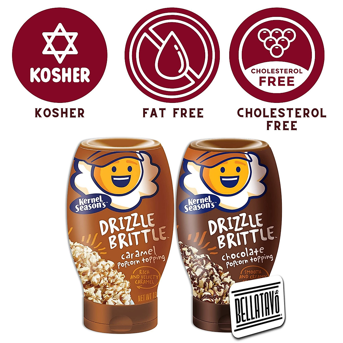 Popcorn Drizzle Sauce Bundle. Includes Two-13.1 Oz Kernel Seasons Drizzle Brittle Popcorn Topping. One Each Flavor: Caramel Drizzle and Chocolate Drizzle. Comes With a BELLATAVO Fridge Magnet!