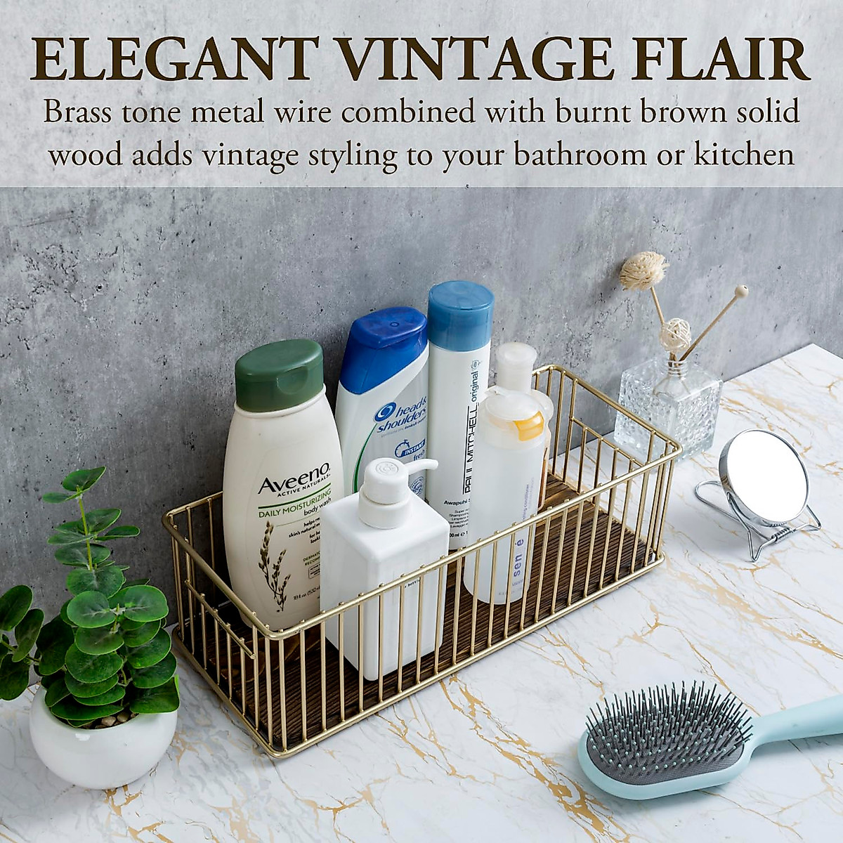 MyGift Modern Brass-Tone Metal Wire Toilet Paper Holder Basket with Rustic Burnt Solid Wood Base, Toilet Tank Topper Organizer Tray Bathroom Sink Counter Toiletries Storage