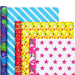 MAYPLUSS Reversible Kids Birthday Wrapping Paper - Mini Roll (17 inches x 10 feet per Roll) - Unicorn/Dinosaur/Polka Dots