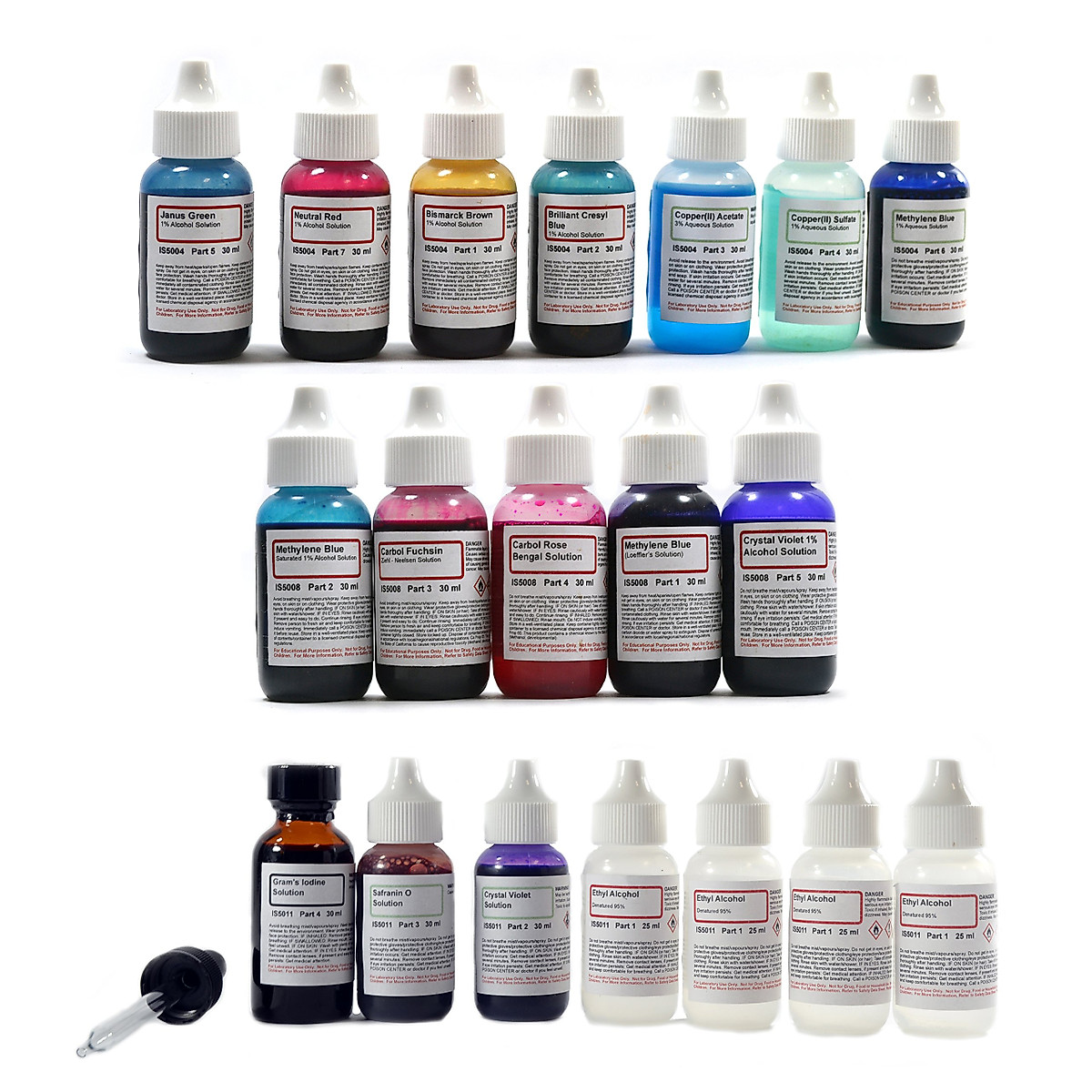 ALDON Innovating Science Complete Microscope Slide Stains Kit - 19 Chemicals in 30mL Dropper Bottles - Includes Vital Stains (7), Bacteria Stains (5), Gram Stains (7) & Instruction Manual