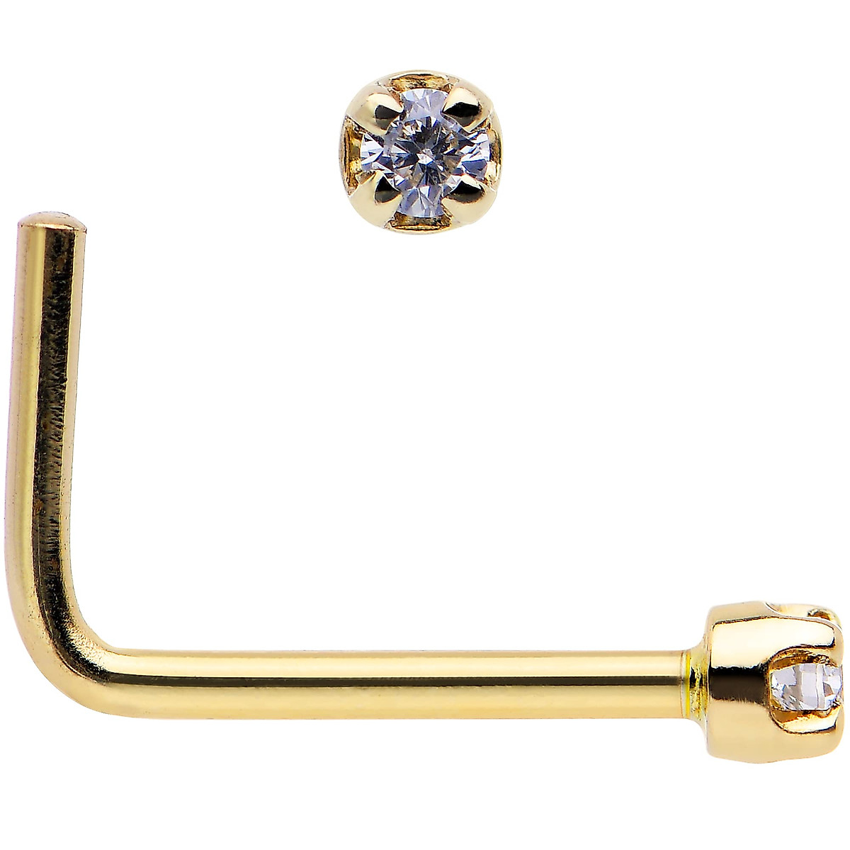 Body Candy 14k Gold L-Shaped Nose Ring with 1.5mm Diamond (0.015 cttw), Hypoallergenic Nose Jewelry - Handmade in USA, 20 Gauge 1/4 inch at Bend