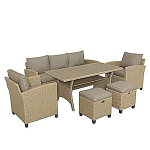 HHOK 6 Pieces Patio Furniture, Outdoor Sectional Sofa PE Rattan Table, Chair and Stools for Porch Lawn Garden Backyard, K-Brown Wicker Conversation Sets