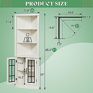 AMERLIFE Curved Corner Storage Cabinet, 65'' Tall Freestanding Bookcase with Glass Doors & Adjustable Shelves, 5-Tier Corner Display Cabinet for Living Room, Distressed White (CSC128B)