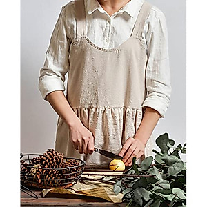 Cotton Linen Apron Cross Back Work Apron for Women with Pockets Pinafore Dress X Cross Halter Apron for Baking Chef Gardening (Beige)
