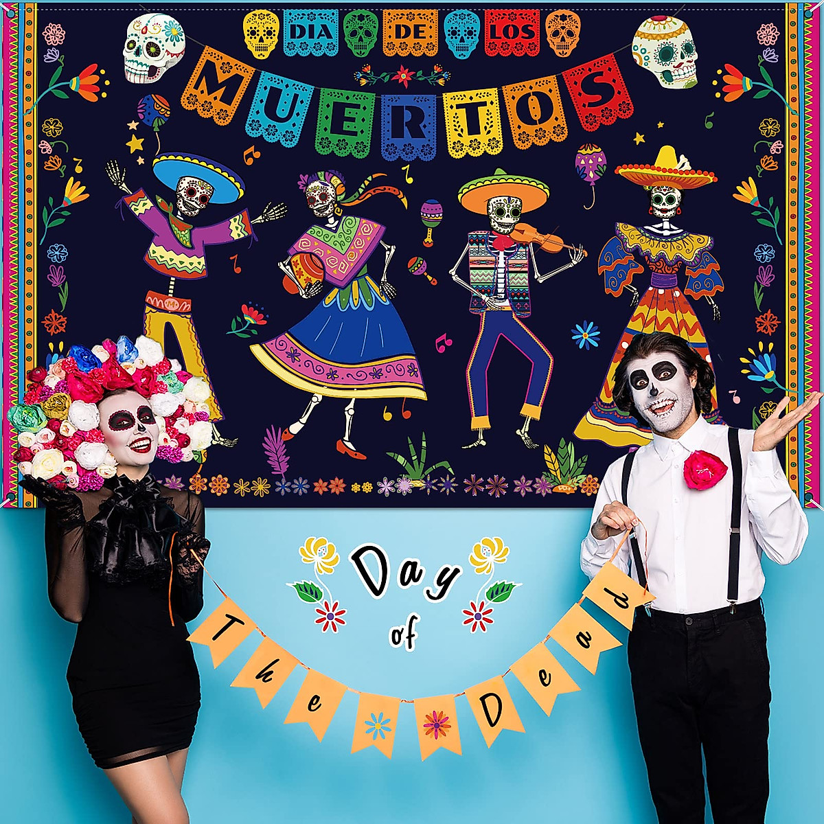 Day of The Dead Backdrop for Mexican Fiesta Sugar Skull Flowers Background Dia DE Los Muertos Birthday Halloween Party Supplies Fiesta Banner Party Decoration Photo Booth Studio(Dance)