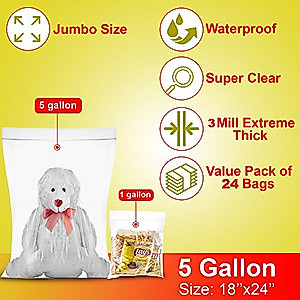 [ 24 COUNT ] - 3 MILL - 18"x24" - Extra Large Super Big Bags, Zipper - 3 MILL - Jumbo Big Plastic Bags, Clear 5 Gallon Bags,- 24 Count