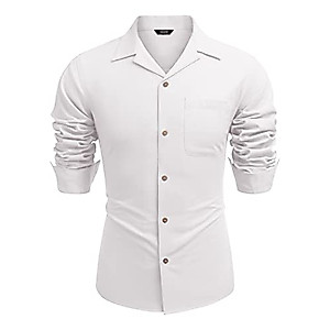 COOFANDY Men Cotton Linen Shirts Long Sleeve Cuban Collar Shirt Beach Resort Shirts White