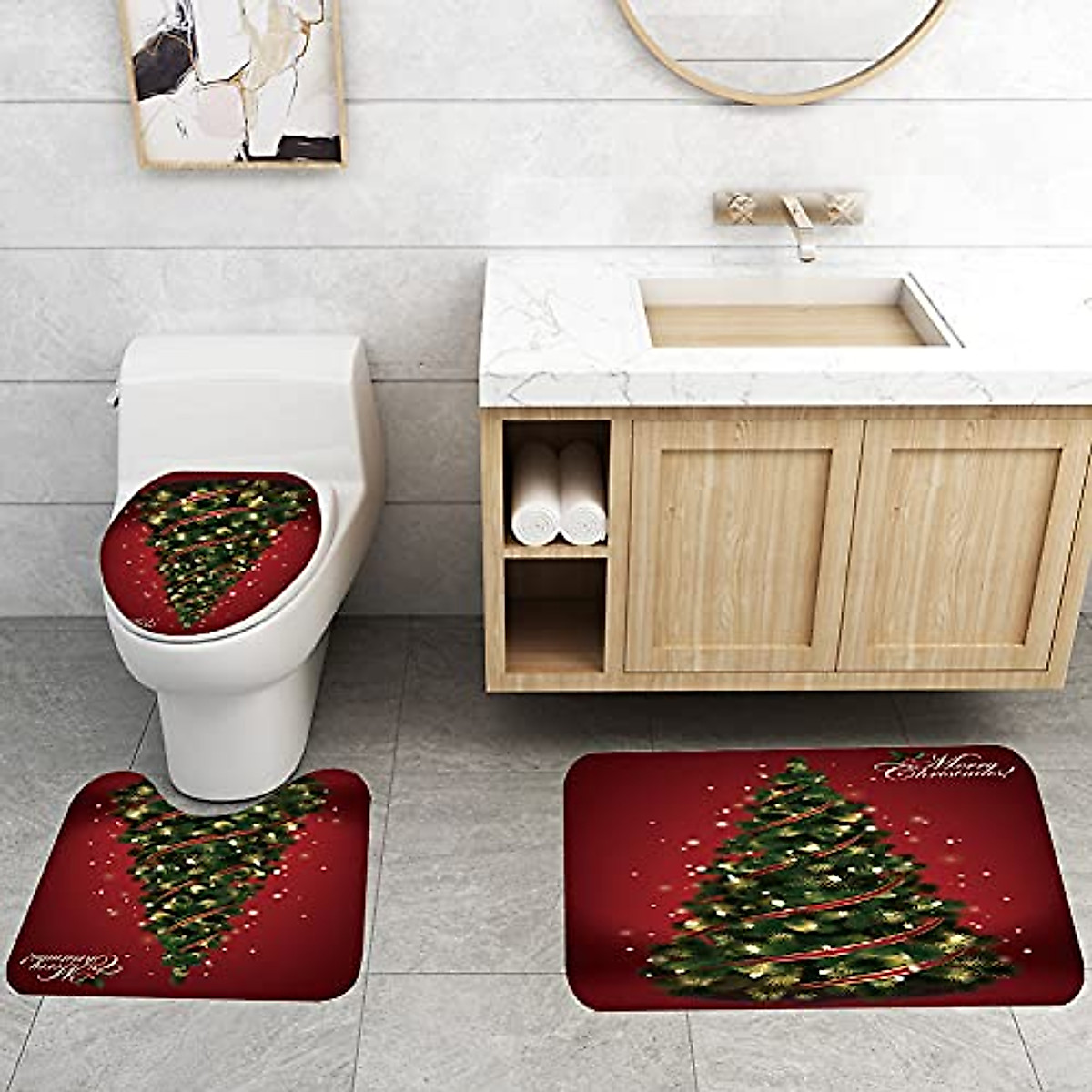 WISREMT Christmas Shower Curtain 4 Piece Sets with Non-Slip Rugs, Toilet Lid Cover and Bath Mat, Santa Elk Xmas Tree Truck Waterproof Shower Curtain with 12 Hooks Bathroom Set Holiday Home Decor