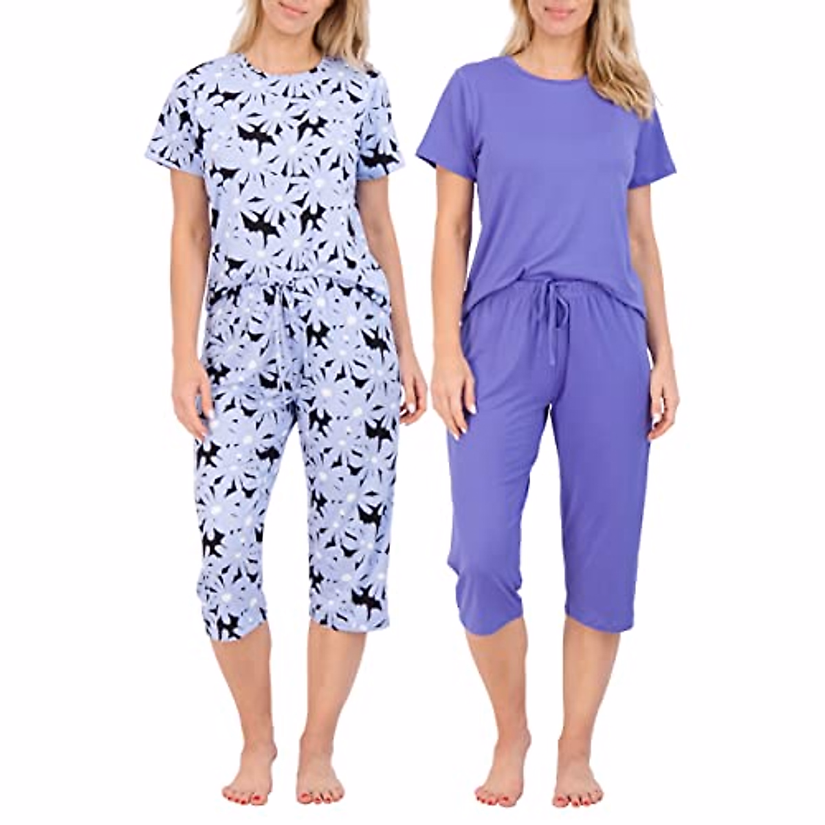 Real Essentials 2 Pack: Womens Short Sleeve Shirt Capri Sweat pants Pajama Sets Pajamas Soft PJ Women Two Piece Matching Pants Top Loungewear Sleep Wear Sexy Summer Bottoms Pijamas Ladies - Set 2, M