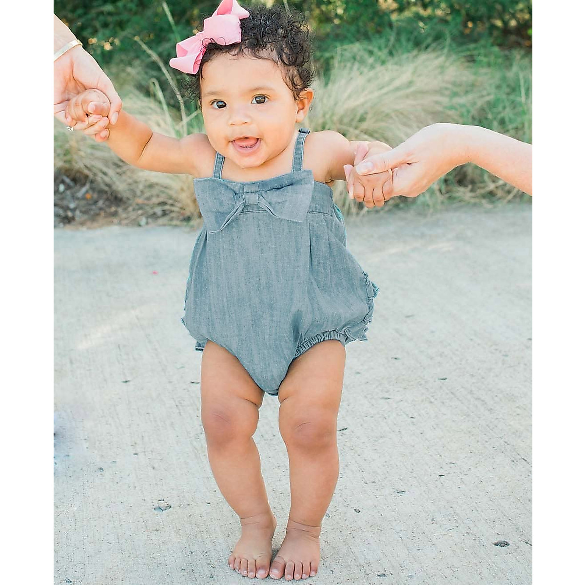 RuffleButts® Baby/Toddler Girls Light Wash Denim Bow-Front Bubble Romper - 3-6m