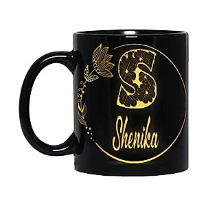 Coffee Mug Personalized Shenika Name & Initial Letter Monogram Floral Alphabet Mug Golden Flowers Custom Black Coffee Cup, Gift for Her Mom Coworker Sister, Wife, Girl 11oz Black Mug 350033