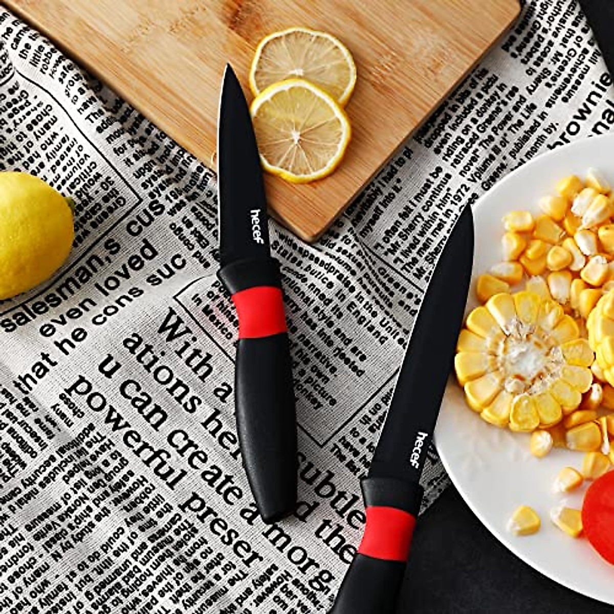 hecef Black Kitchen Knife Set with Adjustable Acrylic Stand, 6 Pcs Ultra Sharp Knives Set with Block, Ergonomic Handle Massage Design, Basic Knife Set for Chef Cutting Cooking