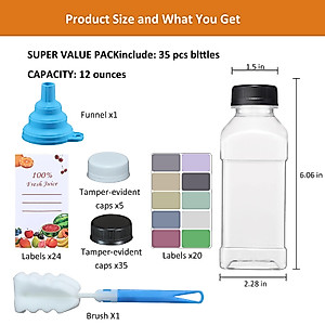LIYAR 12oz Plastic Bottles with Caps 35 Pack Juice Bottles Reusable Juice Containers Leak-Proof Smoothie bottle with Labels for Drinking,Juicing,Milk,Water(White Lids+Black Lids)