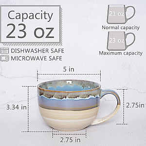 Bosmarlin Ceramic Jumbo Coffee Mug Set of 2, 23 Oz, Large Mug Soup Bowls with Handles, Dishwasher and Microwave Safe (Blue)