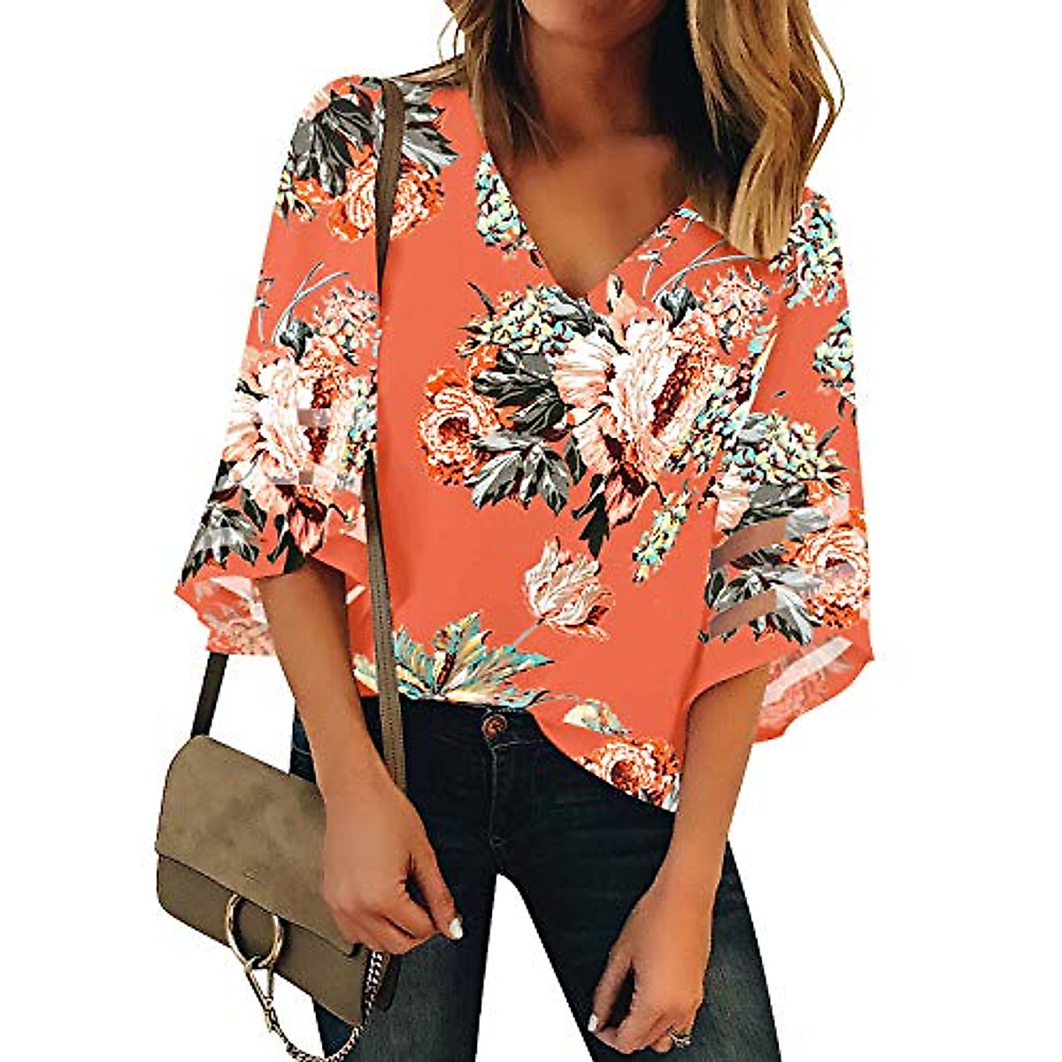 LookbookStore Women Floral Tops fpr Women 3/4 Sleeve Tops Blouse Trendy V Neck Floral Printed Going Out Tops Blouse 3/4 Bell Sleeve Loose Summer Top Shirt Salmon Size S Womens Tops Size 4 Size 6