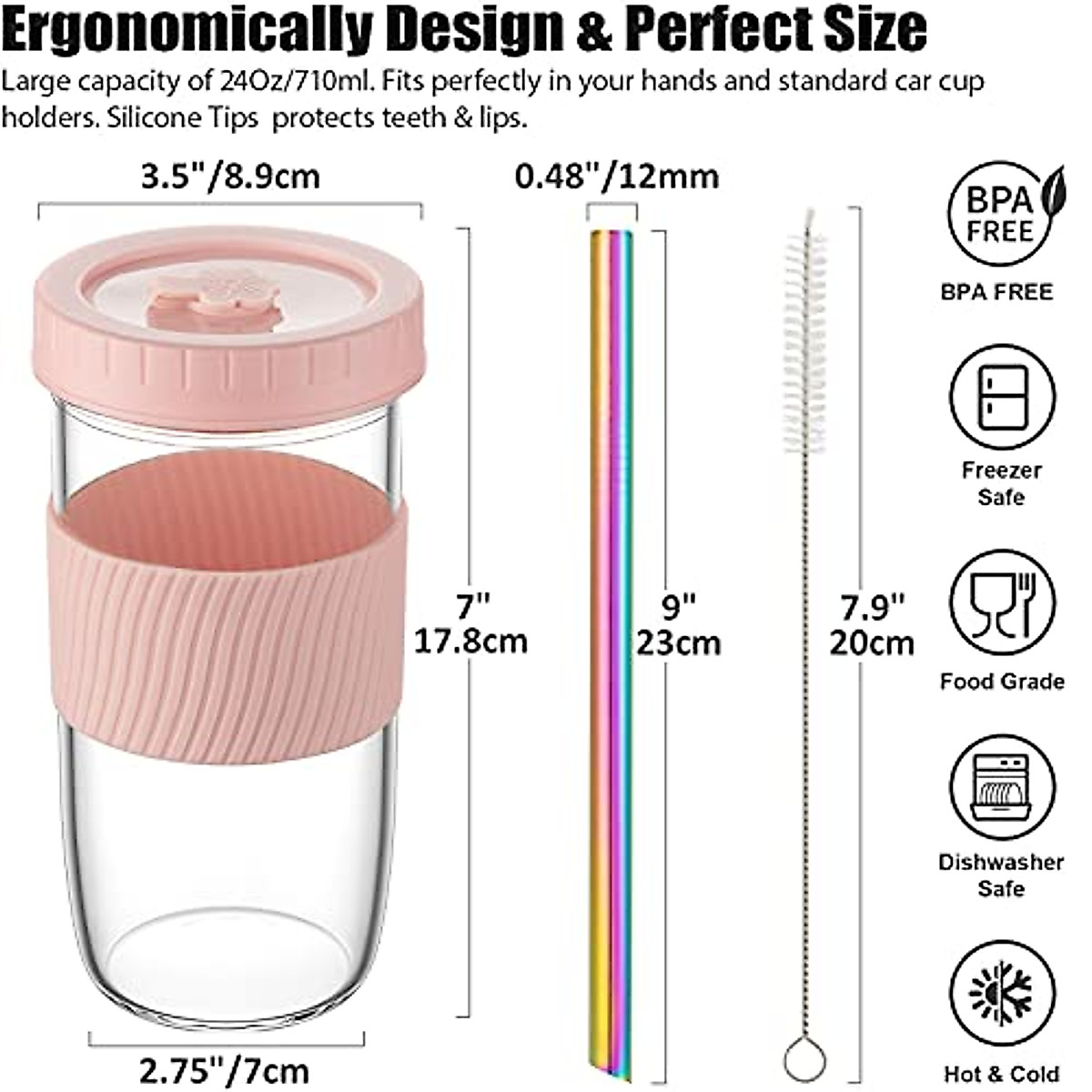 Reusable Boba Cup Bubble Tea Cup 2 Pack, 24Oz Wide Mouth Smoothie Cups with Lids Straws Silicone Sleeve, Leakproof Glass Mason Jars Drinking Water Bottle Travel Tumbler for Large Pearl Christmas Gifts