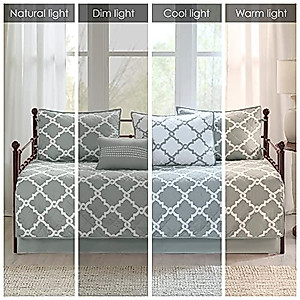 Madison Park Essentials Merritt Reversible Daybed Cover-Fretwork Print, Diamond Quilting All Season Cozy Bedding with Bedskirt, Matching Shams, Decorative Pillow, 75"x39", Grey 6 Piece